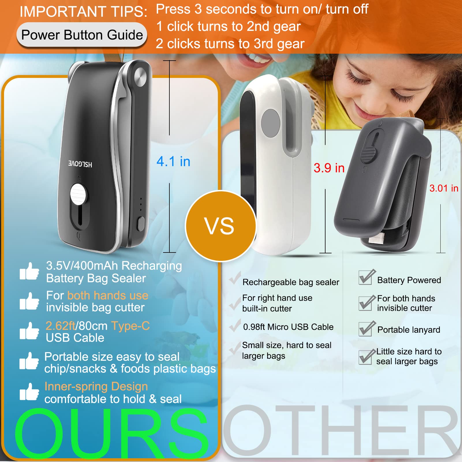 Mini Bag Sealer, USB Rechargeable Portable Bag Sealer Heat Seal with Cutter Heat Chip Bag Sealer