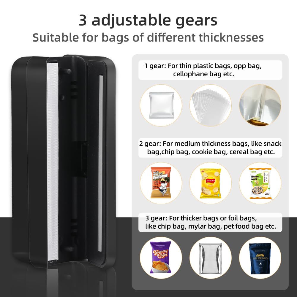 Mini Bag Sealer, USB Charger Potato Chip Bags Heat Sealer Capper, Reseals Snack Plastic Bag Heat Seal and Cutter, Sealing Machine Vacuum Impulse For Mylar Cereal Bags, Keep Food Fresh (Black)
