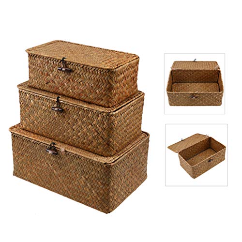 Veemoon 3 Pcs Woven Storage Chests with Lid& Button Hand- Woven Rattan Desktop Storage Box Storage Basket Straw Woven Debris Desktop Storage Box- Size S, M, L