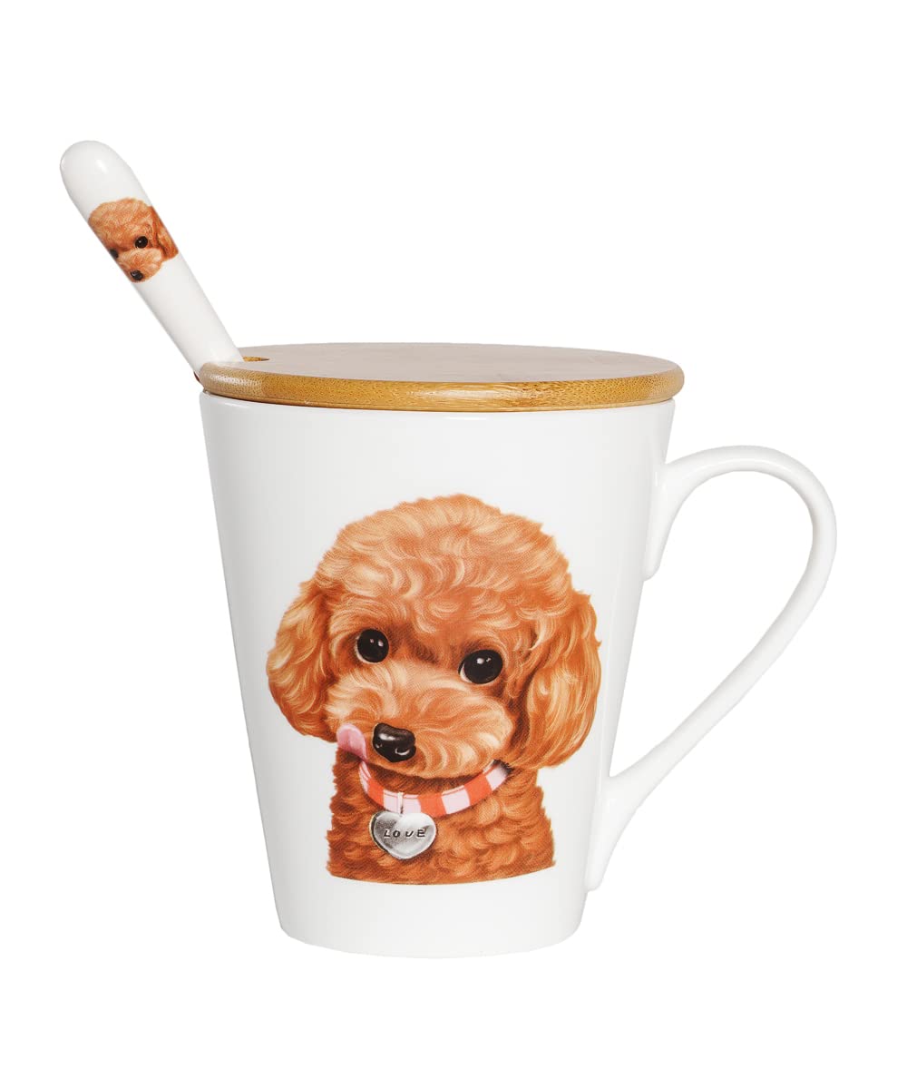 Pet Portrait Porcelain Water Cup w Lid & Spoon (Poodle(Red))