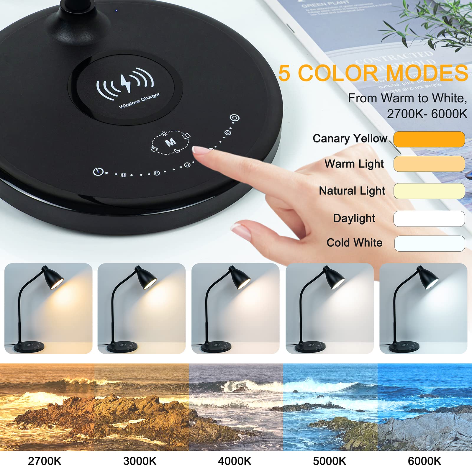 Libreath Desk Lamp with USB Charging Port Table Lamp Wireless Charger Dimmable Dorm Lamp 5 Colors 7 Brightness Levels Touch Bedside Table Lamps Gooseneck Reading Light for Home Office