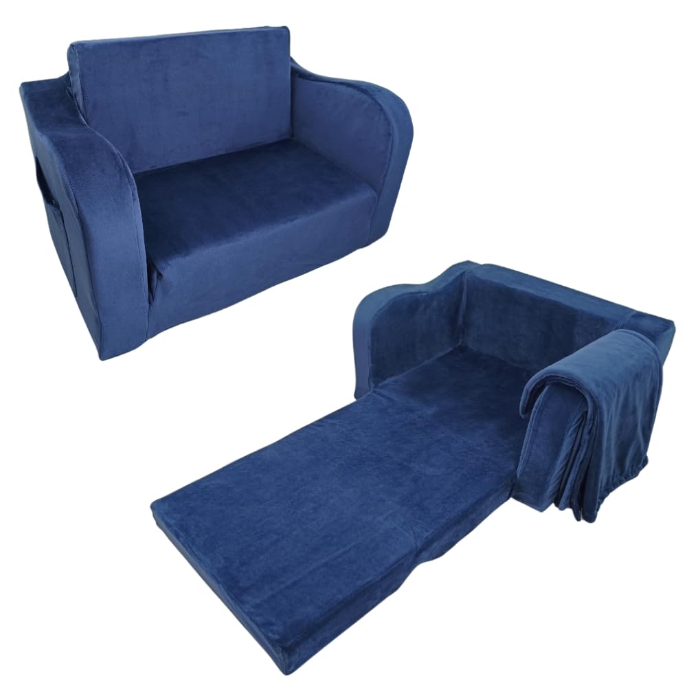 Wonder Space Kids Foam Couch with Blanket, Pre-Assembled Toddlers 2-in-1 Convertible Sofa, Indoor Foadable Lounger Chair & Flip Open Floor Bed for Boys & Girls (Navy Blue)