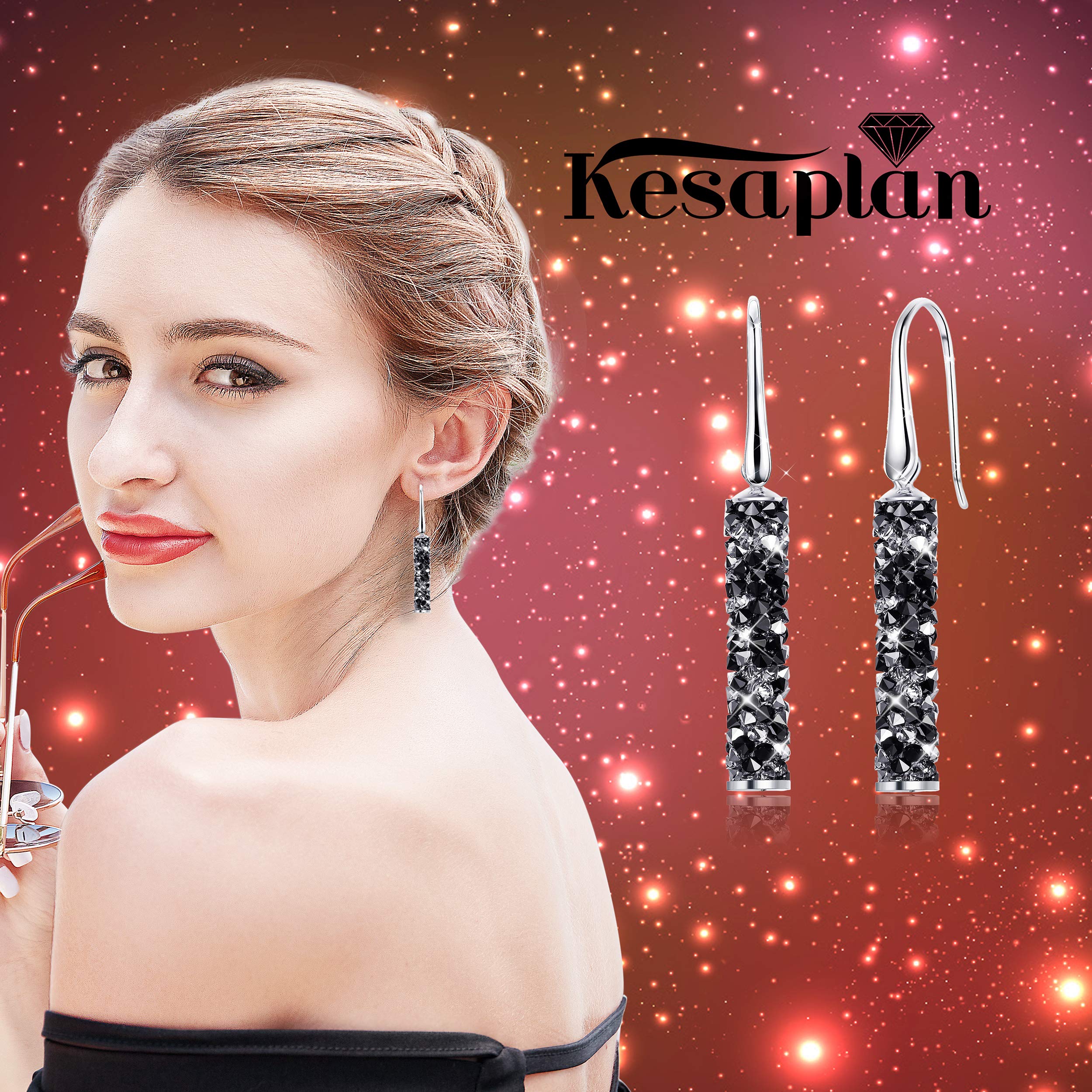Kesaplan Cylinder Bar Dangle Crystal Earrings for Women Sterling Silver Crystal Drop Earrings Hypoallergenic, Crystals from Austria, Gift for Christmas