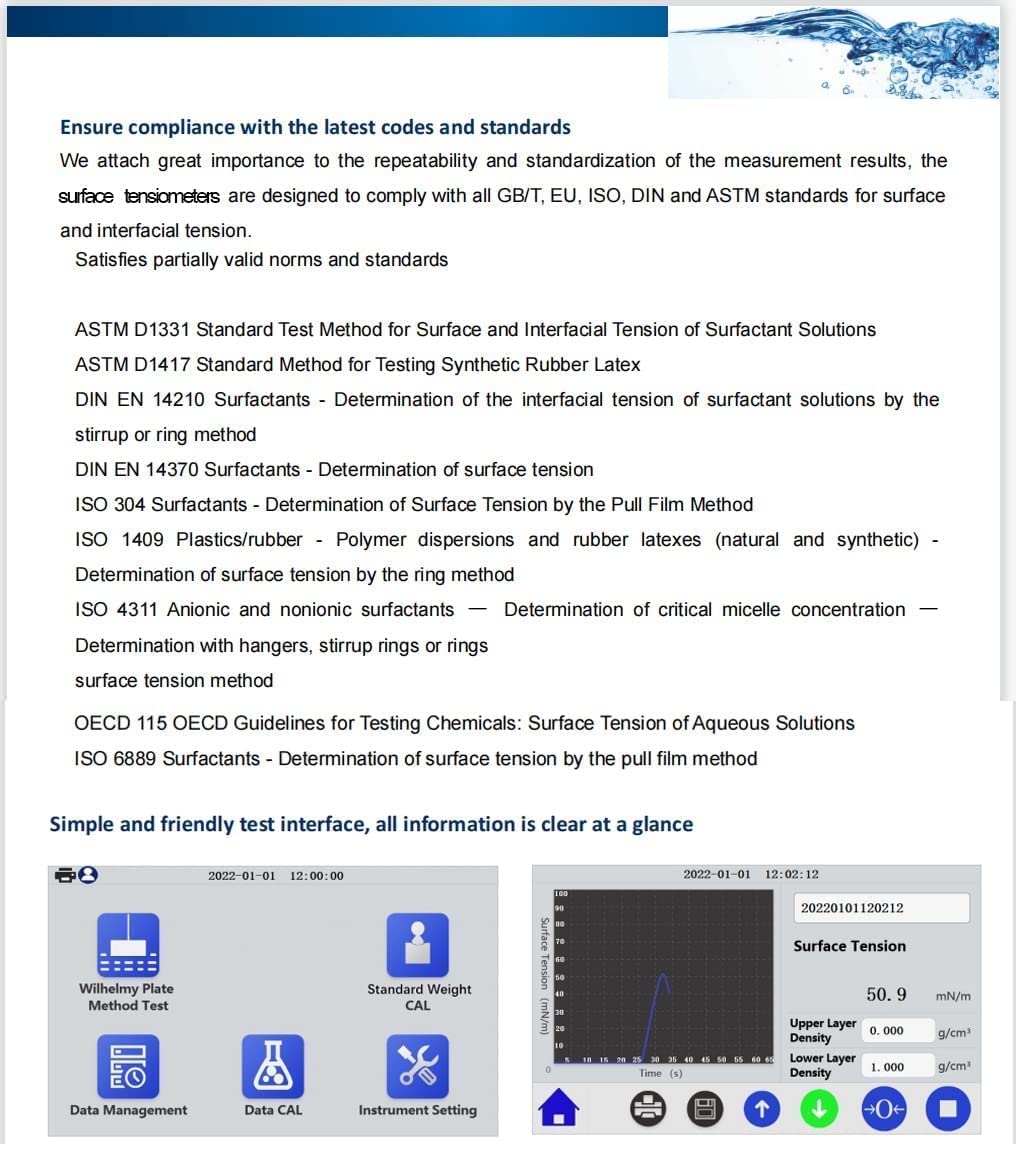 VTSYIQI Fully Automatic Surface Tensiometer Liquid Interfacial Tension Meter Tester With Platinum Ring Platinum Board Method Range 0 to 1000mN/m For Ink Printing Ink Oil Paint Cleaning Agent Industry