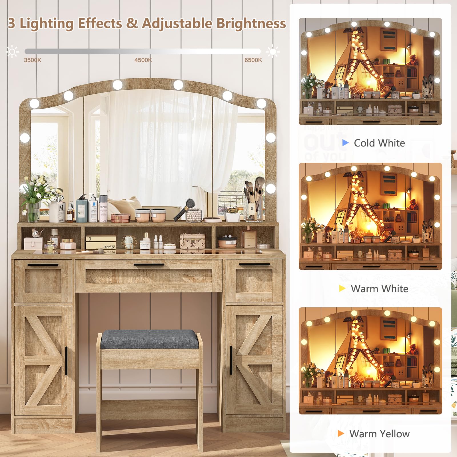 usikey Farmhouse Vanity Desk with Large Lighted Mirror and 10 Lights, 43.3" Glass Tabletop Makeup Vanity with 3 Drawers, Large Vanity Tabel Set with Long Storage Shelf, 2 Cabinets and Stool, Maple