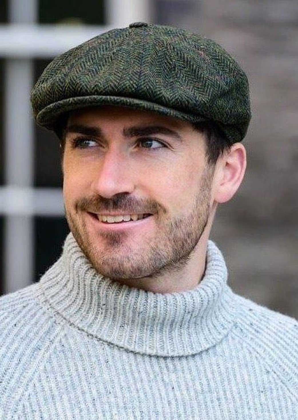 Mucros Weavers Newsboy Tweed Cap Irish Hat for Men's 8 Piece Flat Driving Cap Made in Ireland (Large, Green Herringbone)
