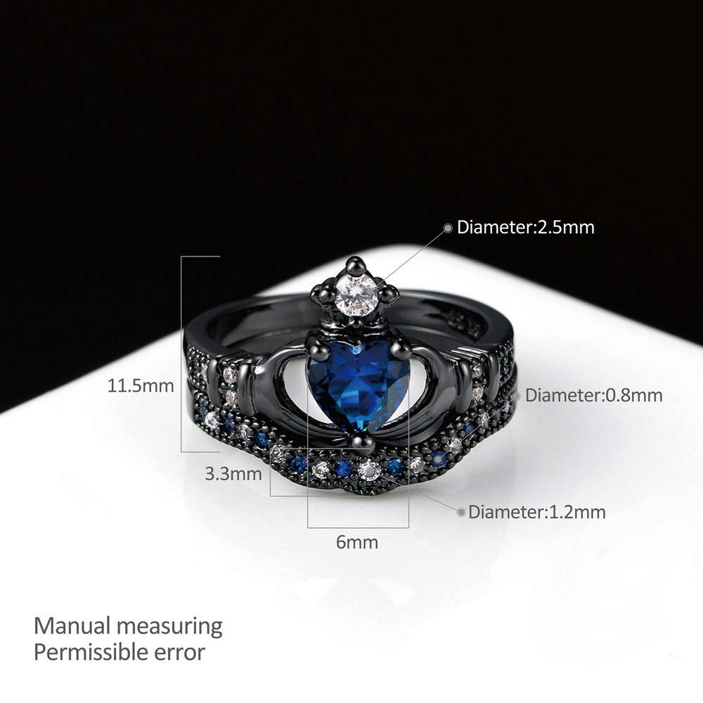LZJ Blue Zirconia Heart Cut Bridal Princess Crown CZ Black Gold Plated Eternity Band Rings (7)
