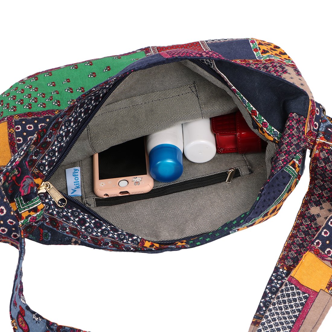 kilofly Bohemian Hippie Cotton Cloth Multi Pockets Shoulder Bag Handbag Tote