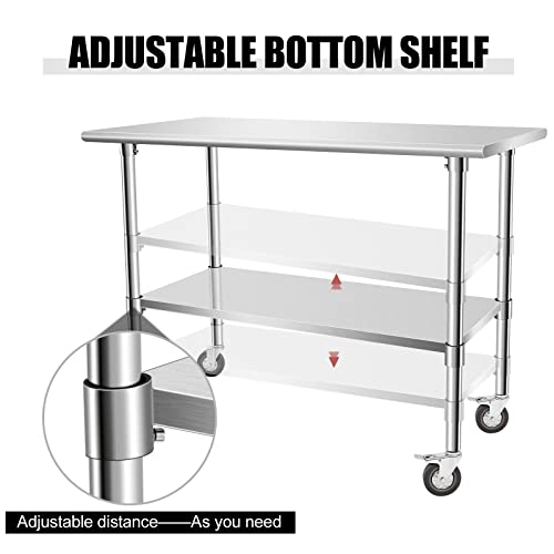 KODOM Food Prep Stainless Steel Table 36" x 18", Heavy Duty Workbench with Adjustable Under Shelf, Commercial Worktable with 4 Casters for Commerical Kitchen, Restaurant, Home and Hotel