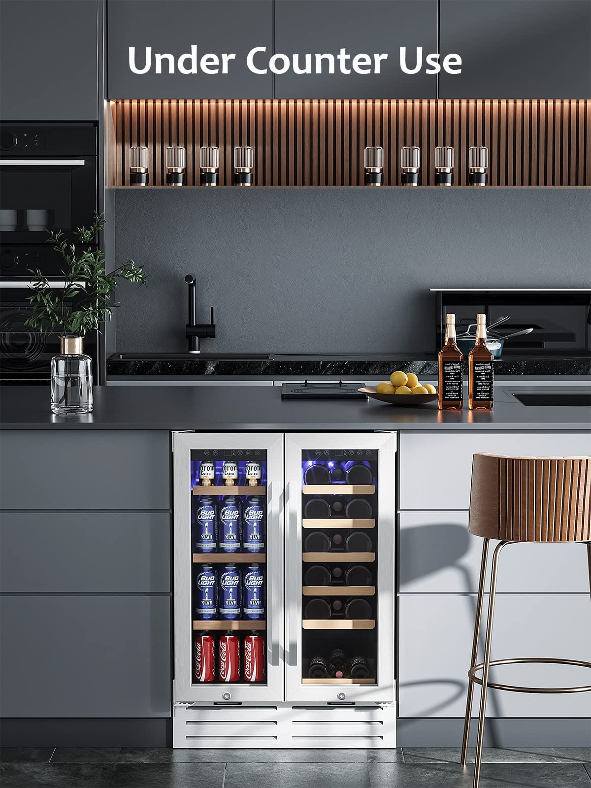 MUDEELA Wine and Beverage Refrigerator,24 Inch Dual Zone Wine Cooler With Memory Temperature Control Built-In or Freestanding 2 Safety Locks Soft LED Light Quiet Operation Hold 18 Bottles and 57 Cans