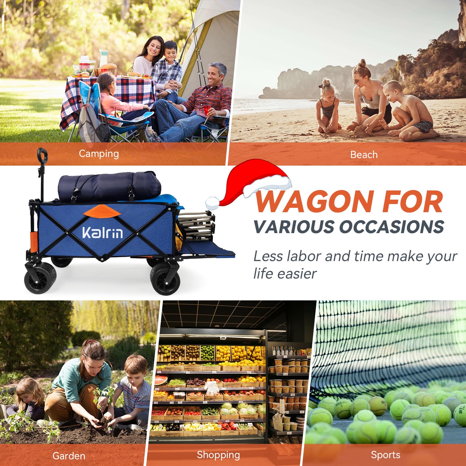 Kalrin Collapsible Folding Wagon, 220lbs Portable Large Capacity Beach Wagon Cart with Opened Tailgate, Heavy Duty Utility Wagon with All-Terrain Wheels and Elastic Rope for Camping, Sports, 200L