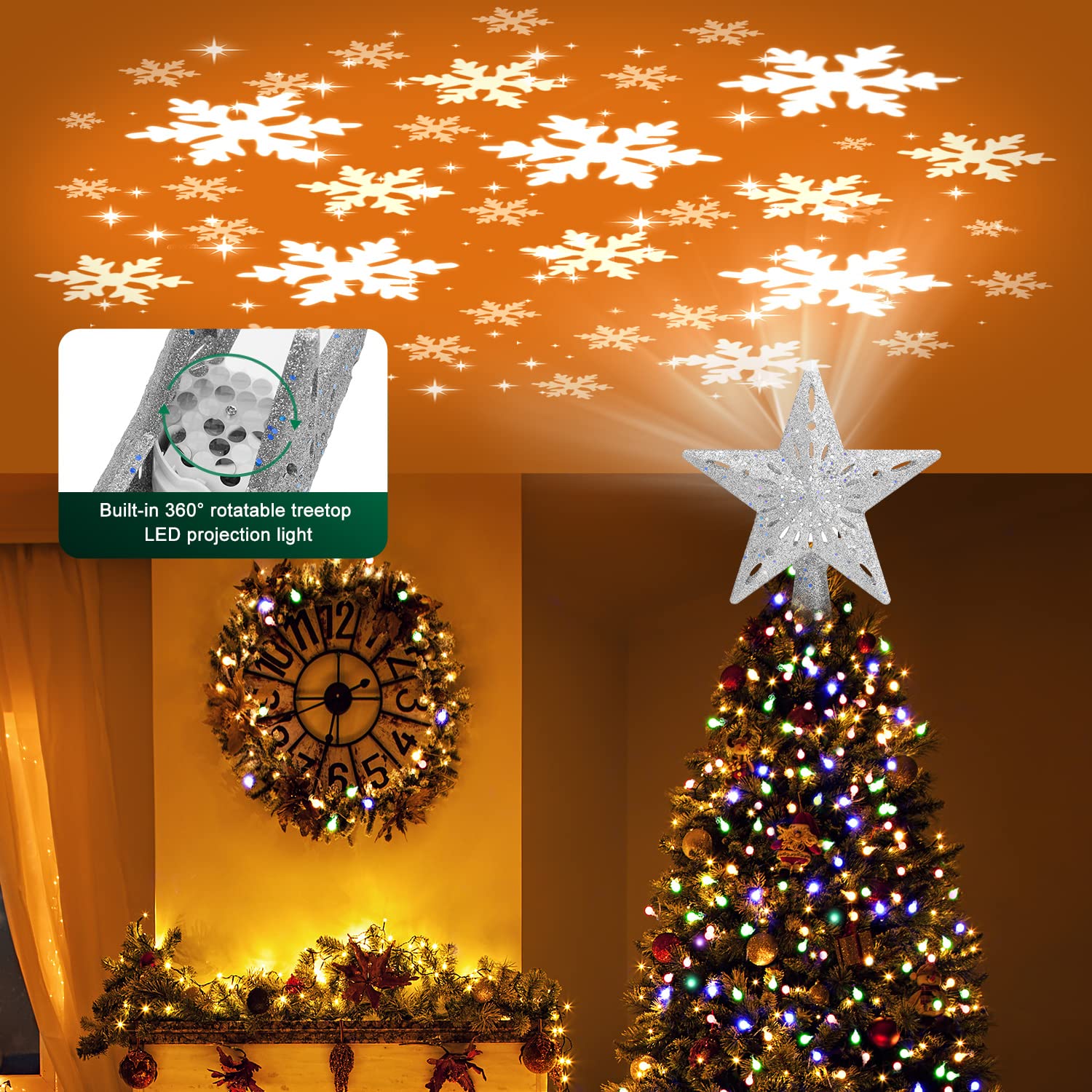 Kesfitt Christmas Tree Topper Lighted with 6 Projection Modes,Christmas Star Tree Topper Built-in LED Rotating Lights,Gold 3D Glitter Dynamic Projection for Xmas Party Holiday Decorations