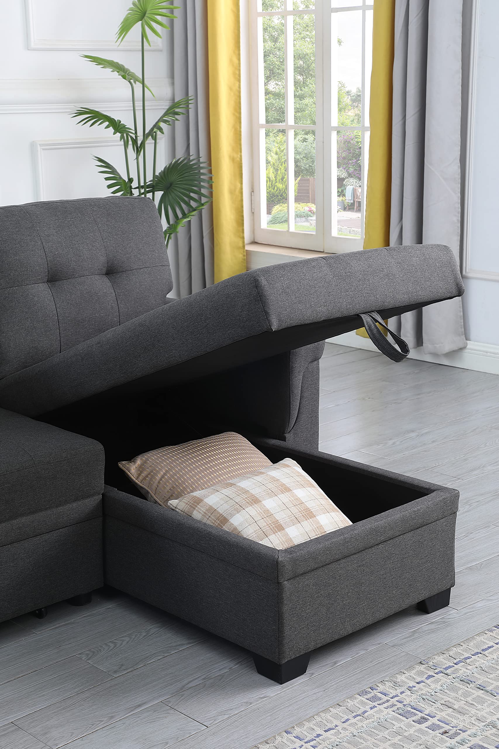 L-Shape Convertible Sleeper Sectional Sofa with Storage Chaise and Pull-Out Bed, Linen Upholstered Reversible Corner 3 Person Couch, for Living Room, Apartment, 84, Dark Gray-4
