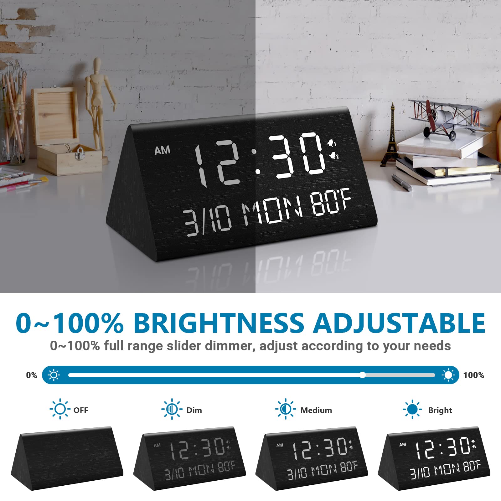 Kogonee Wooden Digital Alarm Clock, 0-100% Dimmer, 2 Alarm Settings, Weekday/Everyday Mode, 9 Mins Snooze, 12/24H, Temperature and Date Display for Office, Travel, Bedroom Alarm Clock (Black)