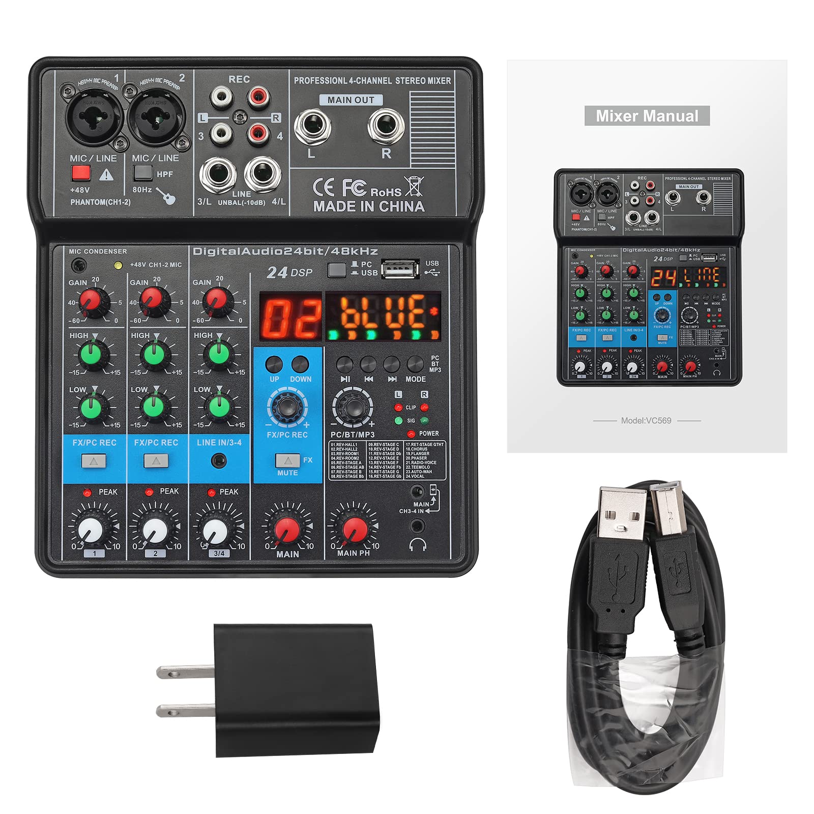 PROZOR Professional Audio mixer,4-Channel Audio Mixersound board Console with 24 DSP USB Bluetooth MP3 Computer Input 48V Phantom Power for PC Recording Webcast Party Singing