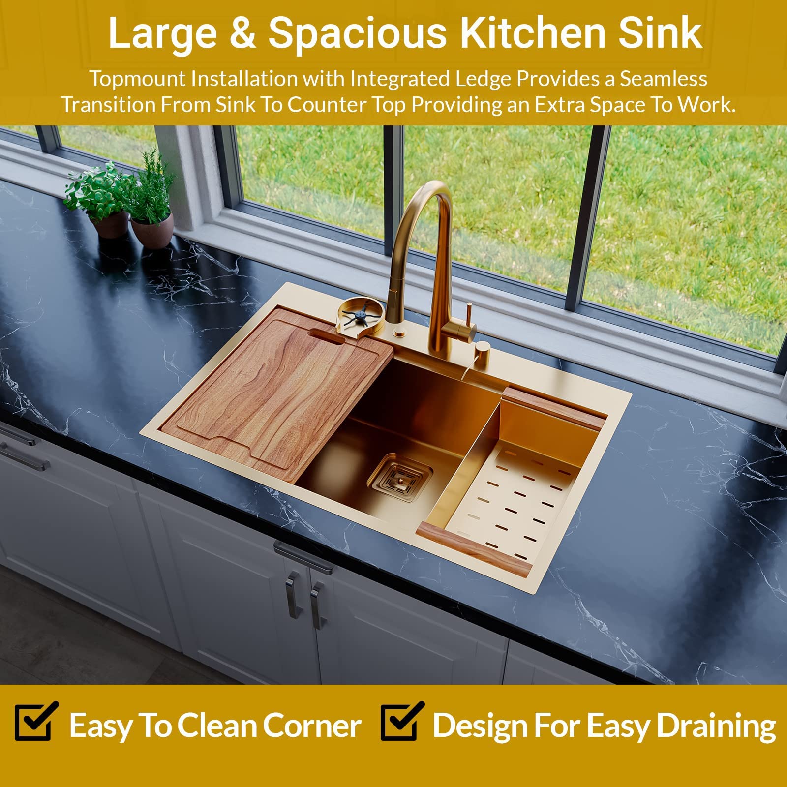 Strictly Sinks 33β Topmount Kitchen Workstation Sink Gold Single Bowl 16 Gauge Stainless Steel Drop In Sink With Scratch, Stain Resistant Colander, Cutting Board, Bottom Grid & Square Disposal Adapter