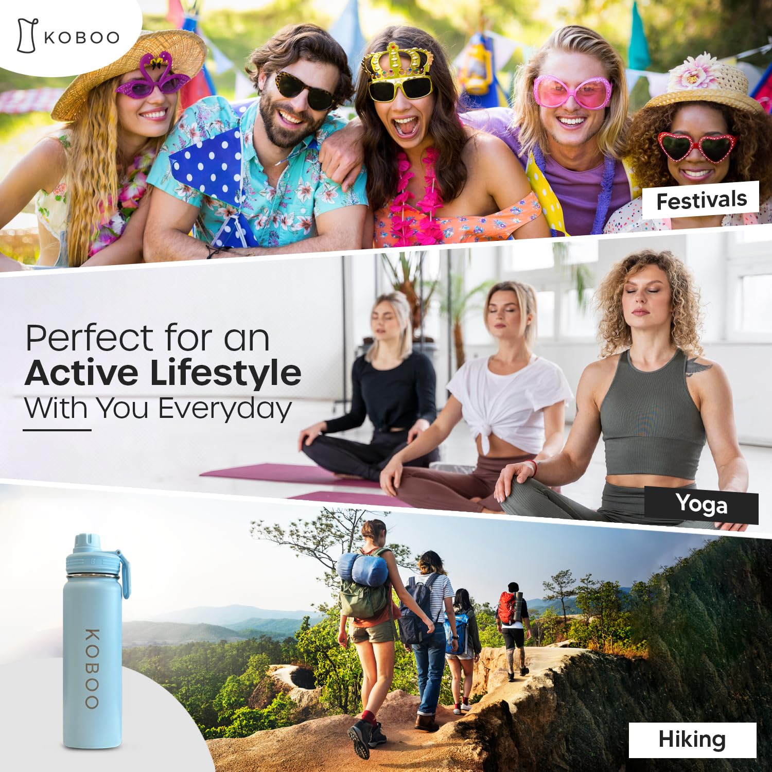 KOBOO Flask Blue 24 OZ / 720 ML Water Bottle. Food Grade 24/8 (304) Stainless Steel, and BPA Free, Vacuum Sealed Design. Comes with 2 lids with handle, straw, and cleaning kit. https://koboo.org/