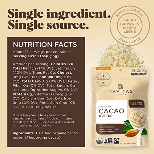 Navitas Organics Cacao Butter, 8 Ounce โ Organic, Non-GMO, Fair Trade, Gluten-Free