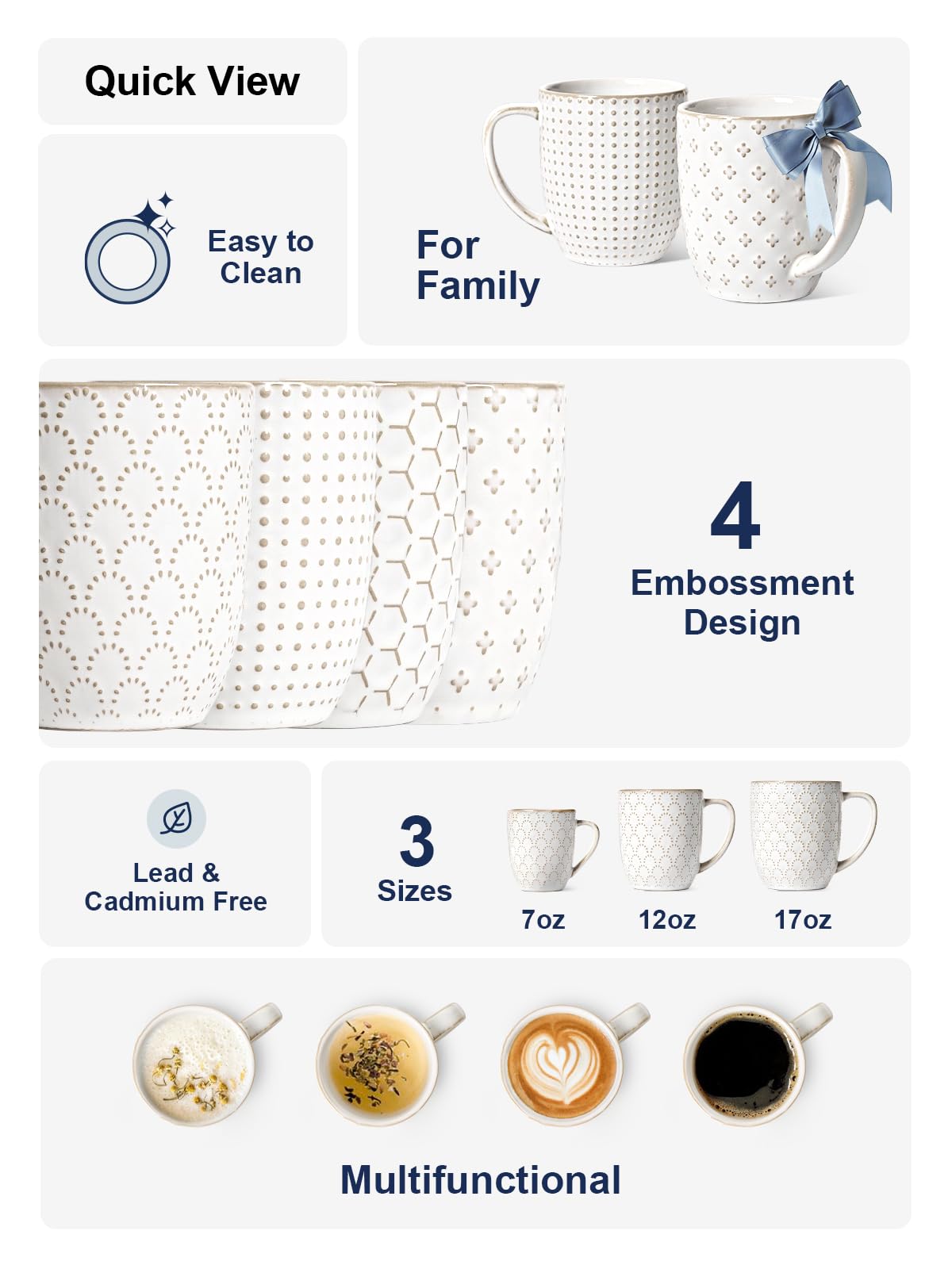 LE TAUCI Coffee Mugs 12 oz, Ceramic Mug Set, Embossment Cups for Latte, Hot Tea, Cappuccino, Mocha, Cocoa,Suit For Housewarming Wedding - 3.4 inch, Set of 4, Arctic White