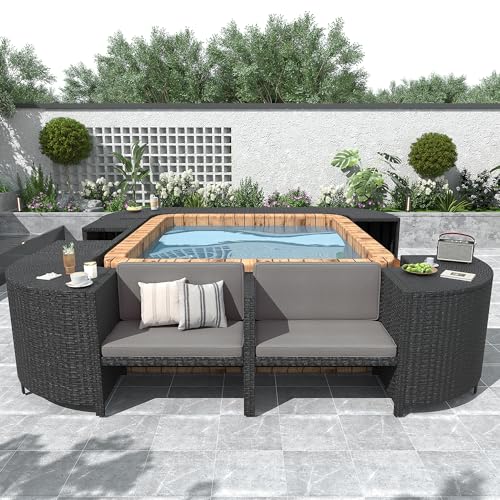 WOODRK Quadrilateral Outdoor Rattan Sectional Sofa Set with Mini Couch, Patio Conversation Sets with Wooden Seats and Storage Spaces, Spa Surround Frame for Gardern, Poolside, Gray