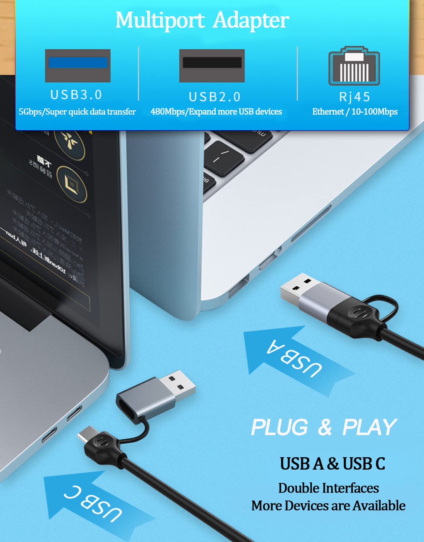 USB C to Hub with Ethernet Adapter, for All PC Laptop or Mobile Phone That USB-C USB-A Interface, Like Mac Book Pro, i Pad XPS, Chromebook, Surface Pro and More, Gray