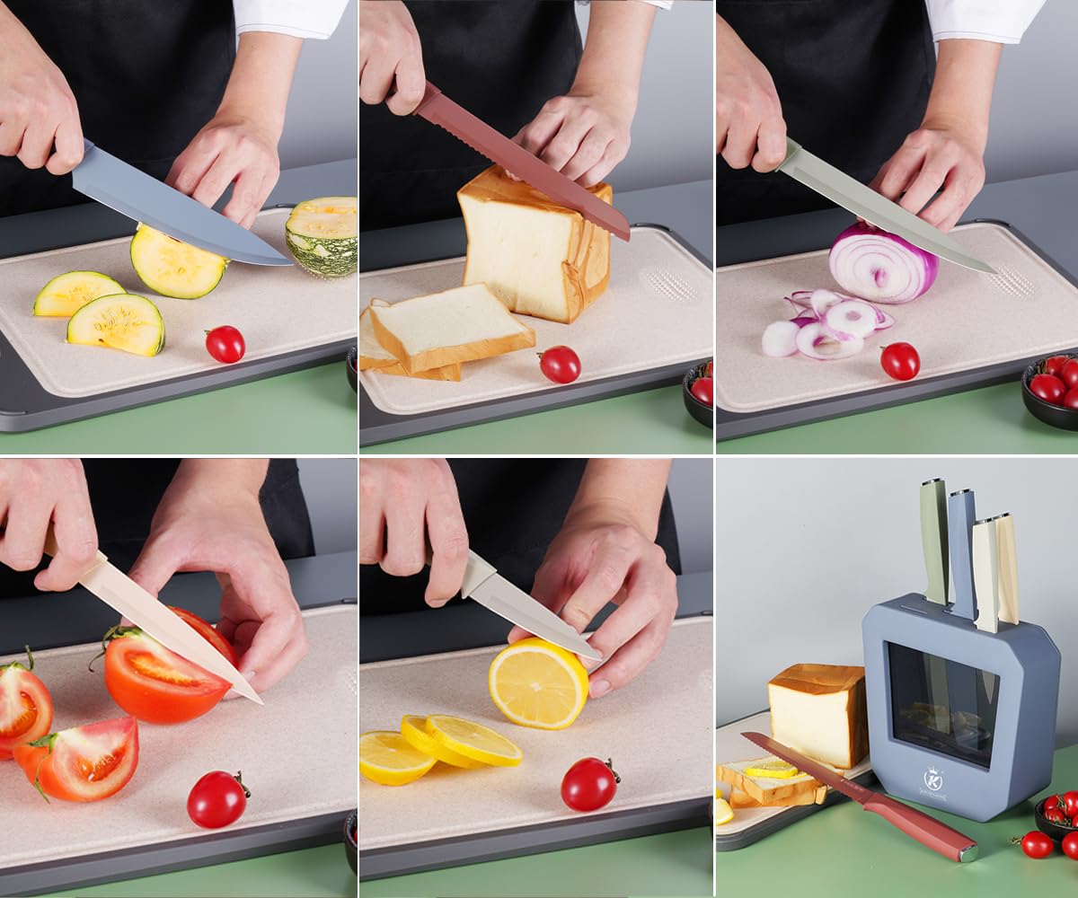 Knife Set, 6 Pcs Color-Coded Kitchen Knife Set, 5 Color Anti-Rust Coating Stainless Steel Kitchen Knife Set with Block, Super Sharp Kitchen Knives with Acrylic Stand, Professional Chef Knife Set