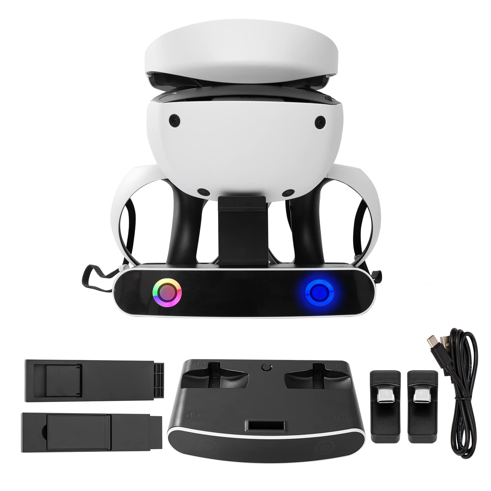PSVR 2 Charging Station with VR Headset Holder Display Stand,Controller Charging Dock for PS5 VR2 Accessories with Led Indicator, 2 Magnetic Clasp & Type-C Cable