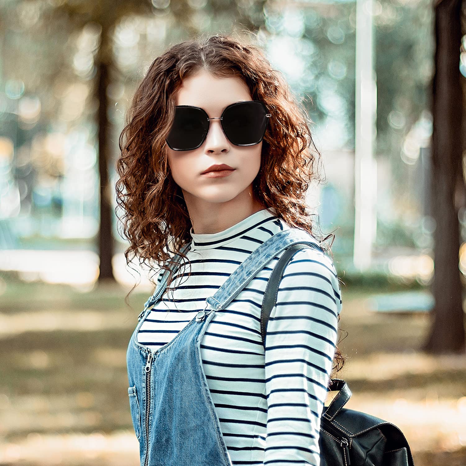 LIKSMU Oversized Polarized Sunglasses for Women Polarized UV Protection Designer Fashion Black Square Big Sun Glasses Black