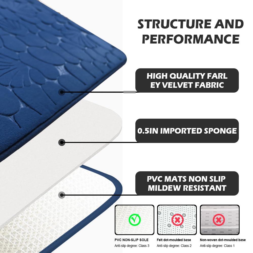 Navy Blue Memory Foam Bathroom Rugs Sets 3 Piece with Rubber Backed Non Slip Washable Bath Mat Set Include Toilet Rugs U Shaped and 2 Bathroom Floor Mat