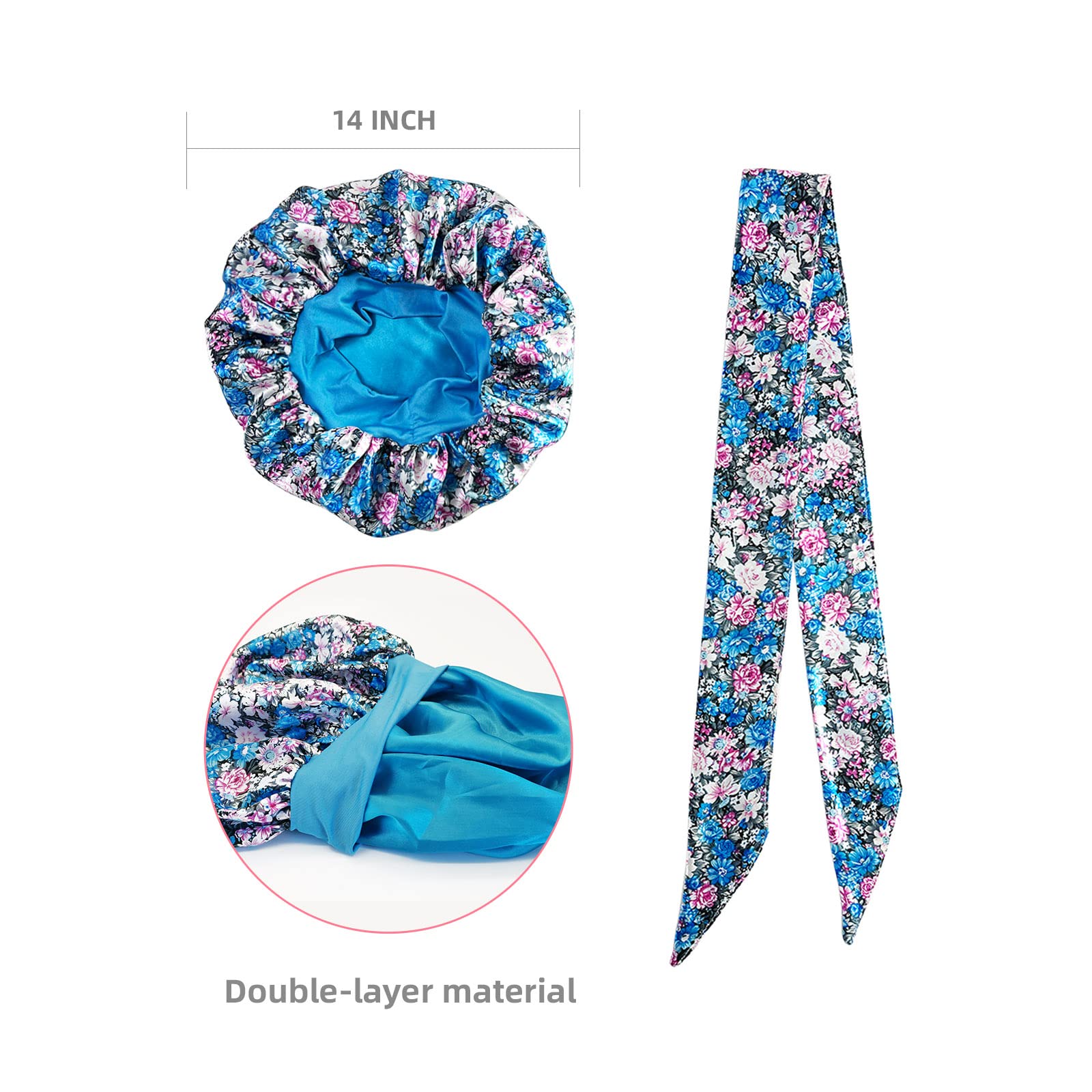 Silk Satin Bonnet, Large Double Layer Wide Elastic Band Sleeping Cap, Satin Hair Bonnet for Sleeping, Hair Bonnets for Curly Hair Sleeping, Night Sleeping Head Cover, Shower Cap (Blue)