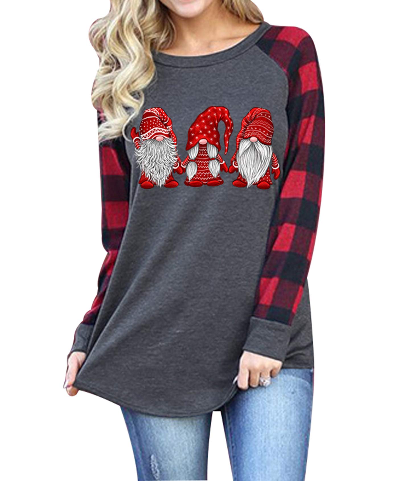 Merry Christmas Gnomes Sweatshirt Women Long Sleeve Plaid Leopard Santa Hat Christmas Trees Graphic Raglan Shirts Blouse(S, Grey2)