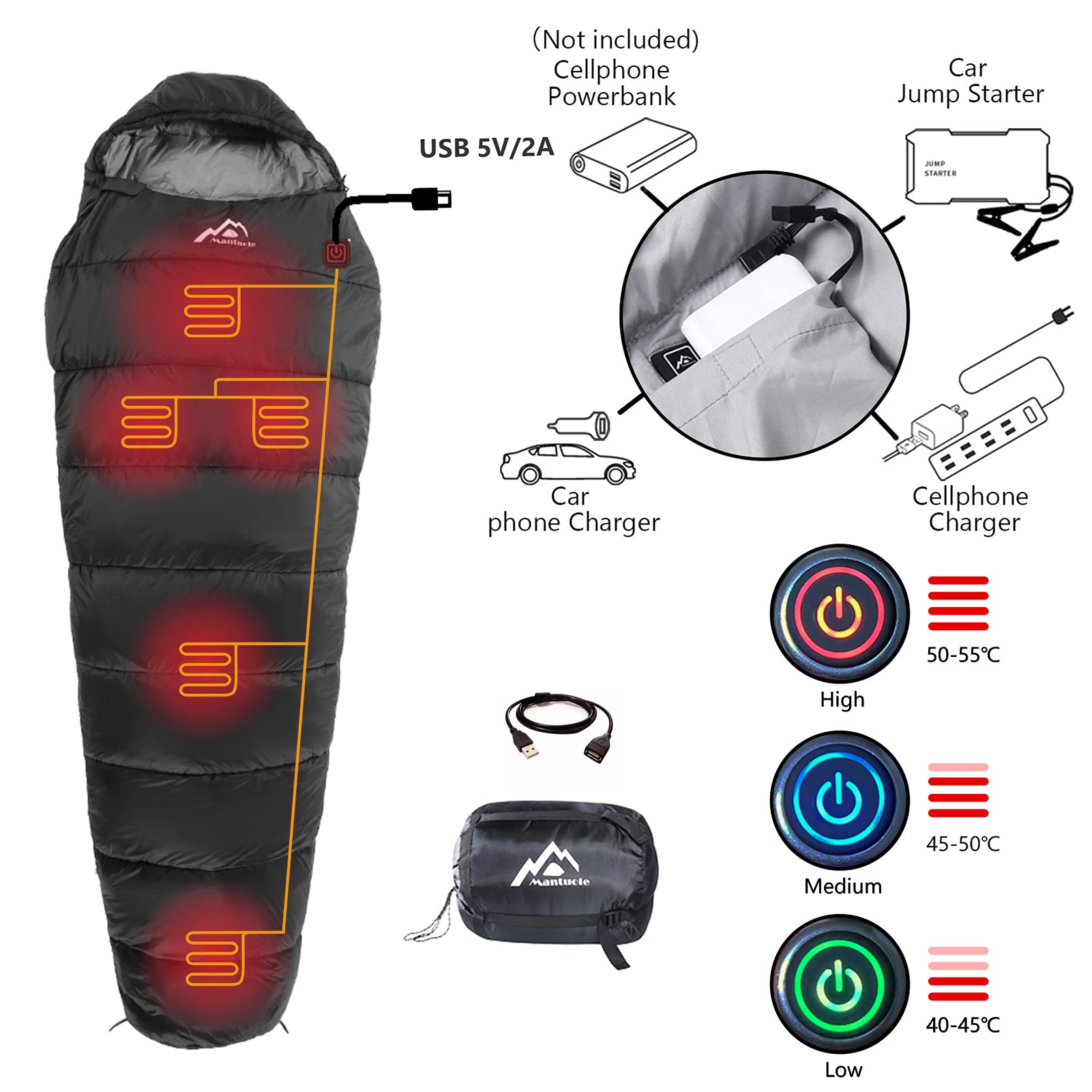 Mantuole Heated Sleeping Bag 5pcs Multi USB Power Support Heating Pads,Operated with Battery Power Bank or Other USB Power Supplies, Portable Compact Bag, Mummy Style-Black.