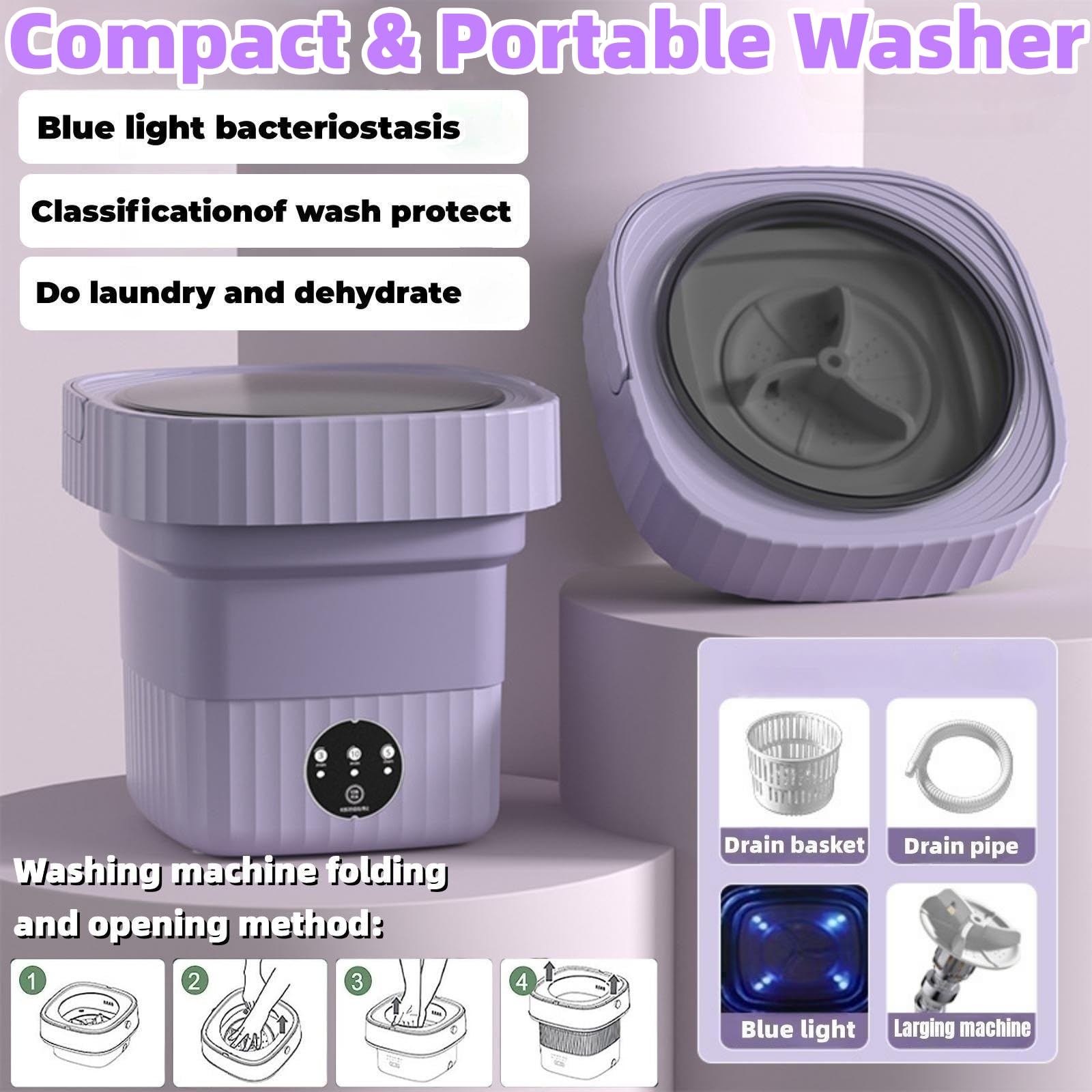 Mini Foldable Portable Washing Machine-6.2lbs -Compact Collapsible Bucket - Perfect for Camping, Travelling, RV Travel,APT,Dorm (Purple)