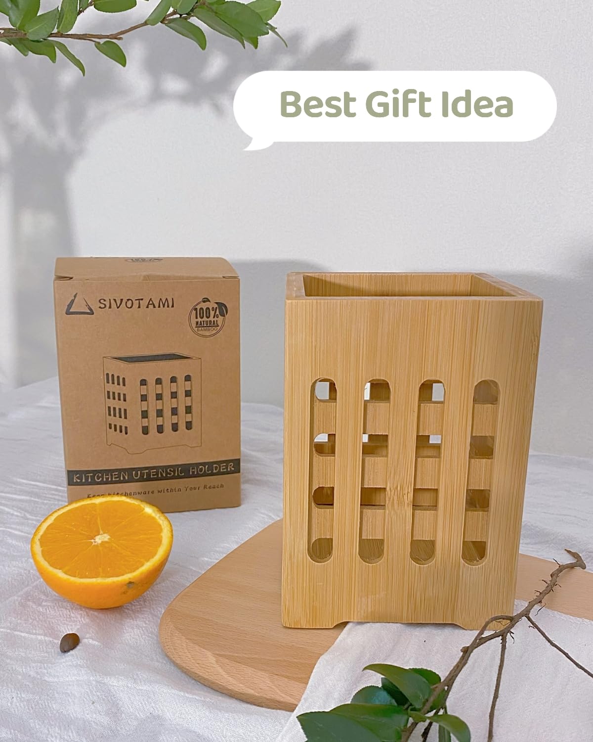 Large Bamboo Kitchen Utensil Holder, Wooden Countertop Cooking Utensils Crock, Farmhouse Cooking Tools Storage Organizer for Spatulas, Spoons, Turners