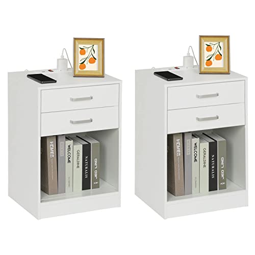 Tiptiper Nightstand Set of 2 with Charging Station, White Night Stands for Bedroom, End Table Side Stand Cabinet, Bedside Table with Drawers