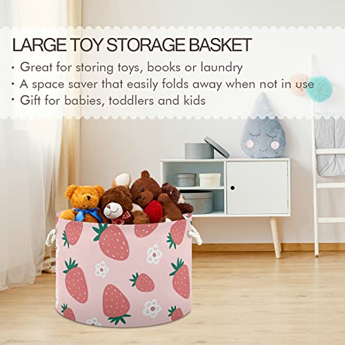 xigua Cute Strawberry (2) Large Round storage basket 20 x14 Inches Collapsible Round Storage Bin, Laundry Basket Organizer for Towels, Blanket, Toys, Clothes