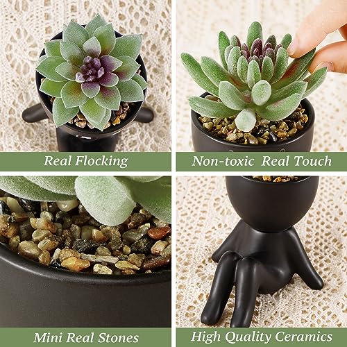 Yastouay 2 Pack Fake Succulents Plants Artificial Succulents Cute Faux Succulents in Black Human Shaped Pots Office Desk Decor for Women