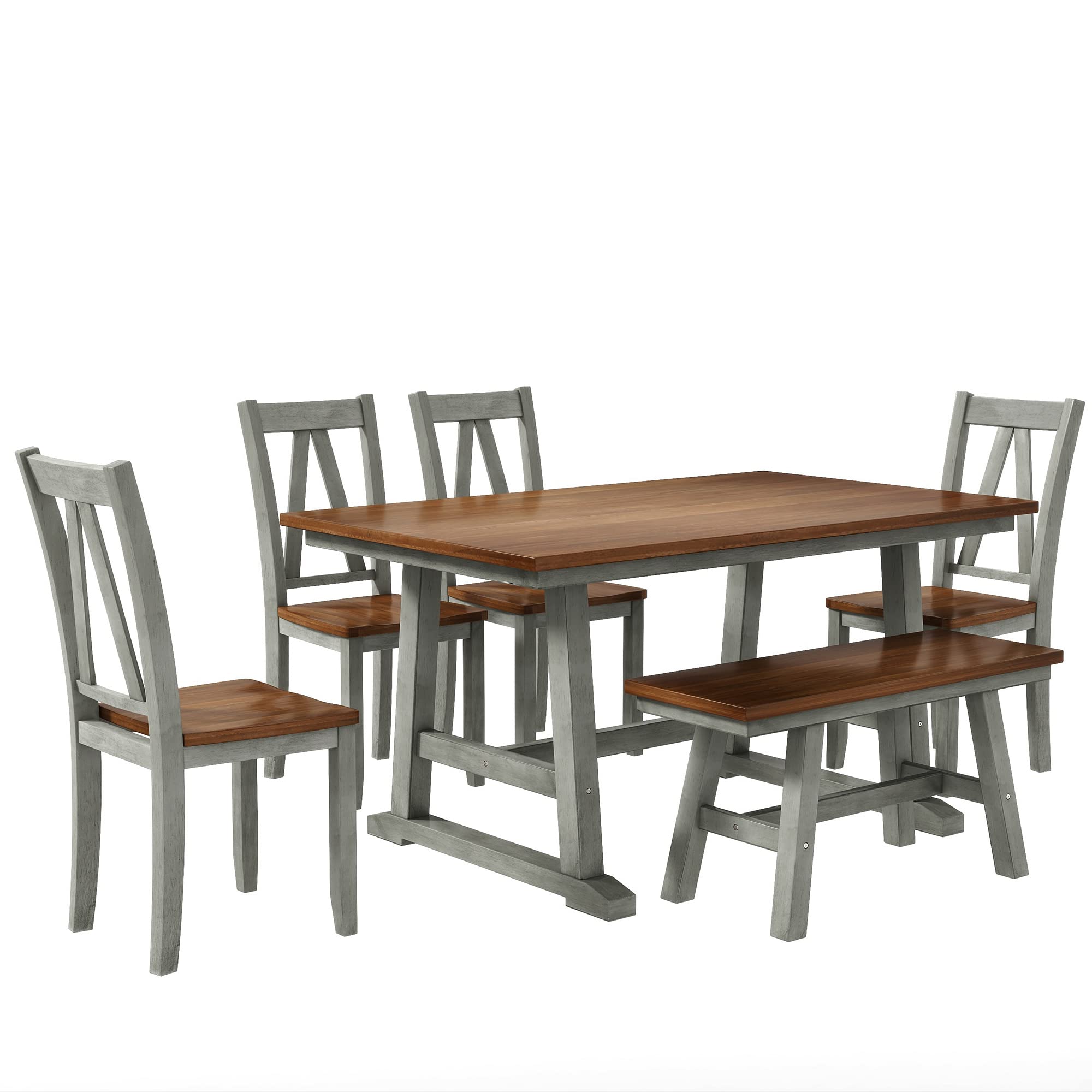 LIADTOP Wood Dining Table Farmhouse Style, 6-Piece Kitchen Set with Long Bench and 4 Chairs,Designed for A Large Family,Walnut+Gray