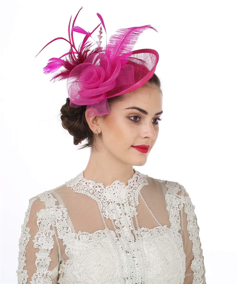 SAFERIN Fascinator for Women Hair Clip Hat Bowler Feather Flower Veil Wedding Party Hat Tea Hat(TA4-Fuchsia)