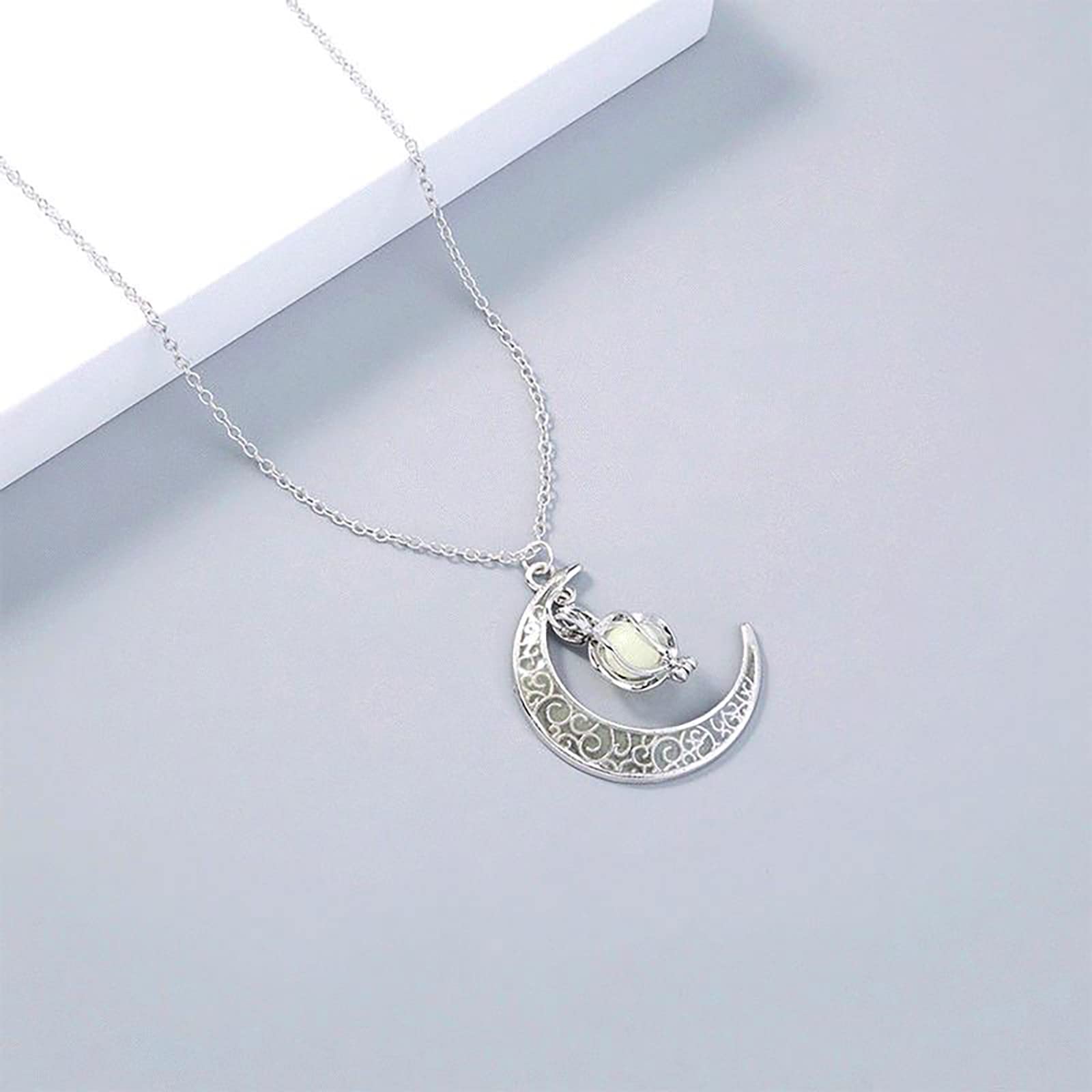 Pendant Necklaces for Women, Hollow Rotating Bead Luminous Moon Pendants, Luminous Enchanted Moonstone Necklace, Birthday Anniversary Jewelry Gift, One Size