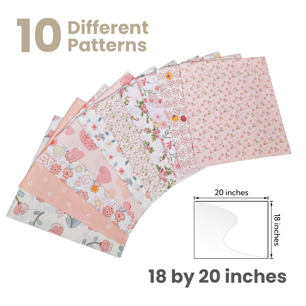 WISPAWS Fat Quarters Fabric Bundles, 10 Pcs 100% Cotton 18β x 20β (45cmx50cm) Precut Quilting Fabric Squares, Floral Prints Cotton Fabric Squares Quilting Supplies for Crafts Sewing Quilting (Pink II)