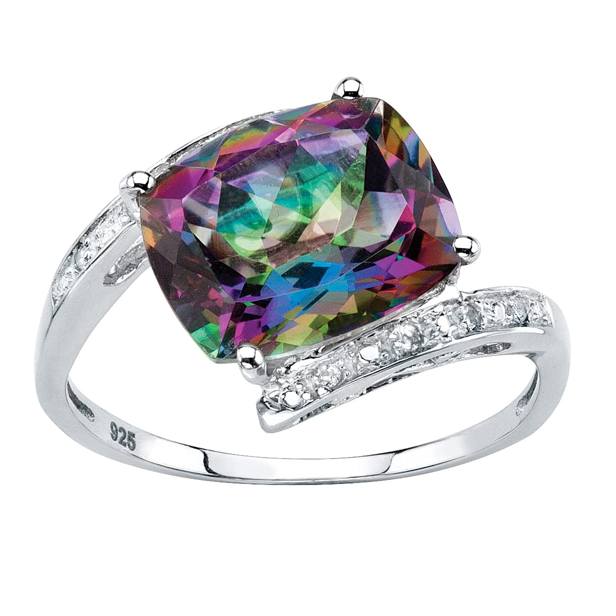 PalmBeach Sterling Silver Emerald Cut Genuine Mystic Fire Topaz White Ring Sizes 6-9 Size 9