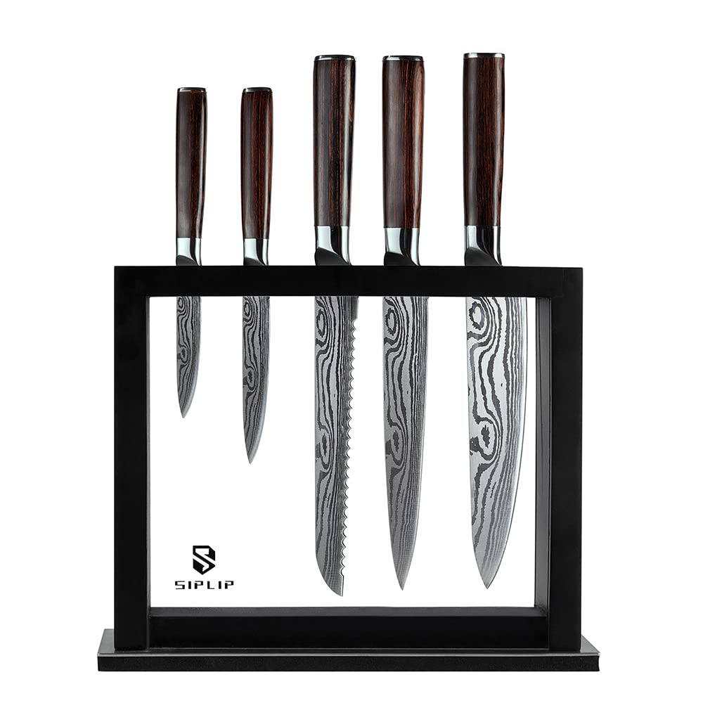 SipLip Knife set 6 Pieces with Wooden Block, German Stainless Steel Kitchen Chef Knives Set come with Gift Box