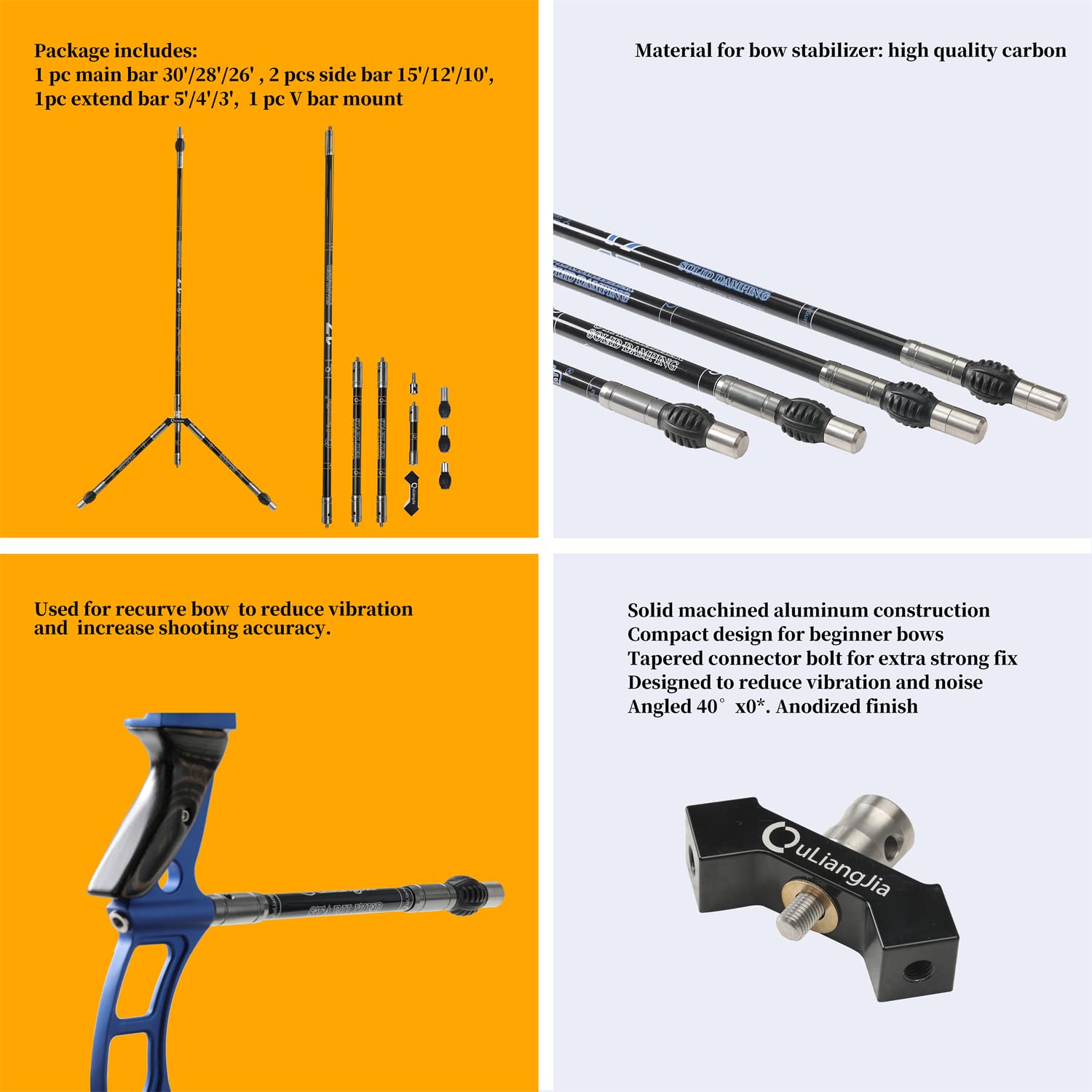 Perogen Archery Bow Stabilizer Set 30/15/5 inch for Recurve Bow Carbon Fiber Bow Stabilizer Extension Pole Rod Bow Stabilizer