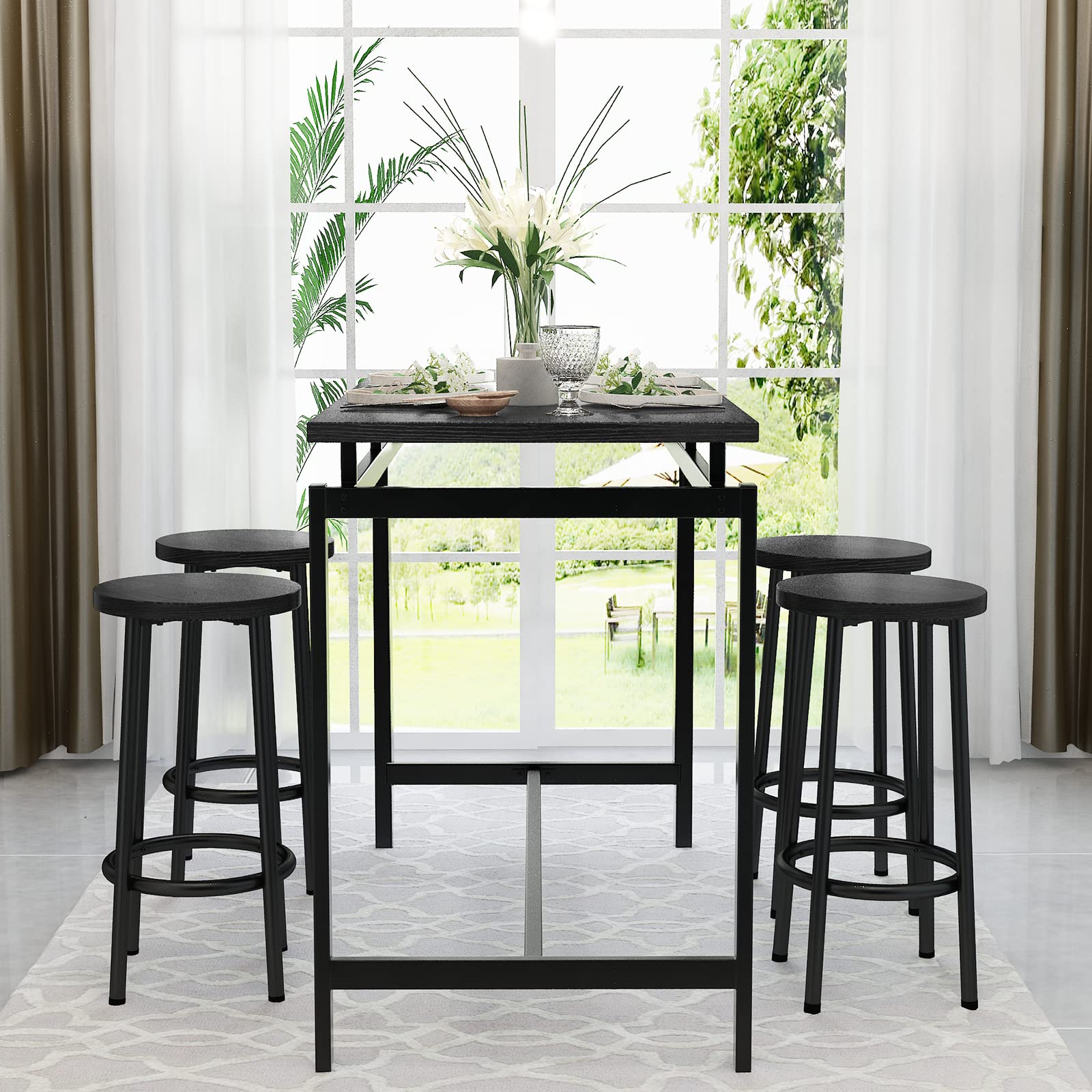 Lamerge Bar Table Set of 4,Industrial 5 Piece Breakfast/DiningTable Set,43" Pub Height Table & 4 PU Upholstered Stools with Backrest,for Living Room,Kitchen,Bar,Rustic Brown & Black & Brown