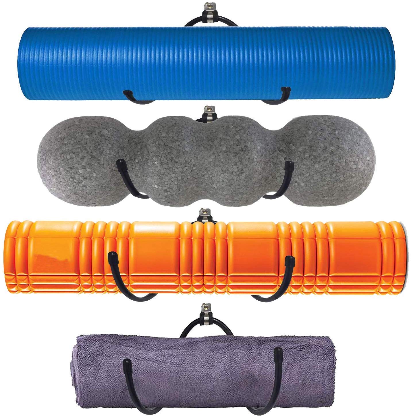 Metal Adjustable Wall Rack, Multi-Purpose Shelf for Foam Roller Racks Yoga Mat Storage Exercise Mat Organizer Bath Towels Holder for Your Fitness Class or Home Gym Bathroom, Up to 20Lbs - (4 Pack)