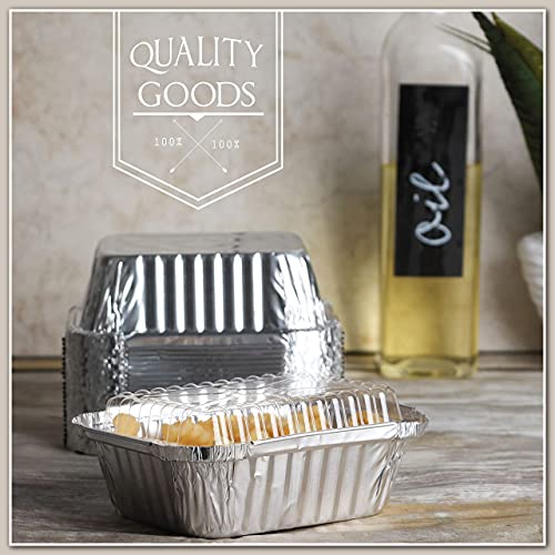 PARTY BARGAINS 1 Lb. Small Aluminum Pan with Lids - 100 Pack Set with Plastic Dome Lids, 5.5" x 4.5" Disposable Take-Out Pans for Meal Prep, Pies, Cakes, Meats (Max 240°C)