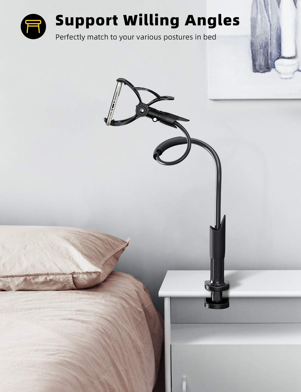 Lamicall Phone Holder Bed Gooseneck Mount Flexible Arm 360 Mount Clip Bracket Clamp Stand for iPhone 15 Pro Max, 15 Plus, 14 Pro Max, 13 Mini, 12 S10 S9 S8 S7 S6, Overall Length 33.4In(Black)