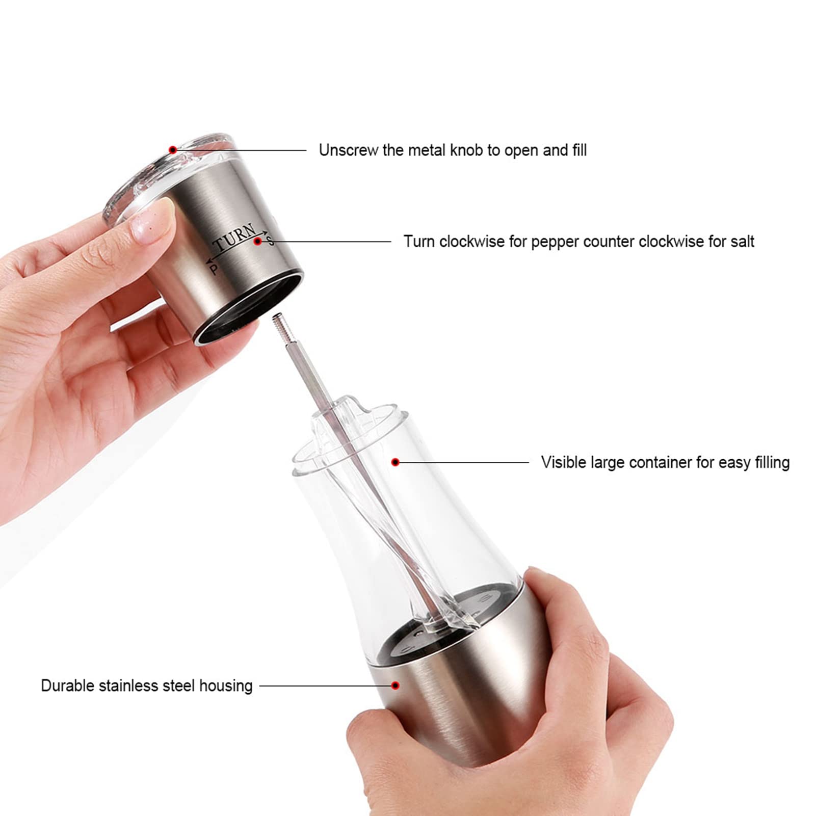 Salt and Pepper Grinder Set, Refillable Stainless Steel Combo Shakers With Adjustable Coarse Mills, 2 in 1 Manual Stainless Steel Salt Pepper Mill Herb Spice Grinder