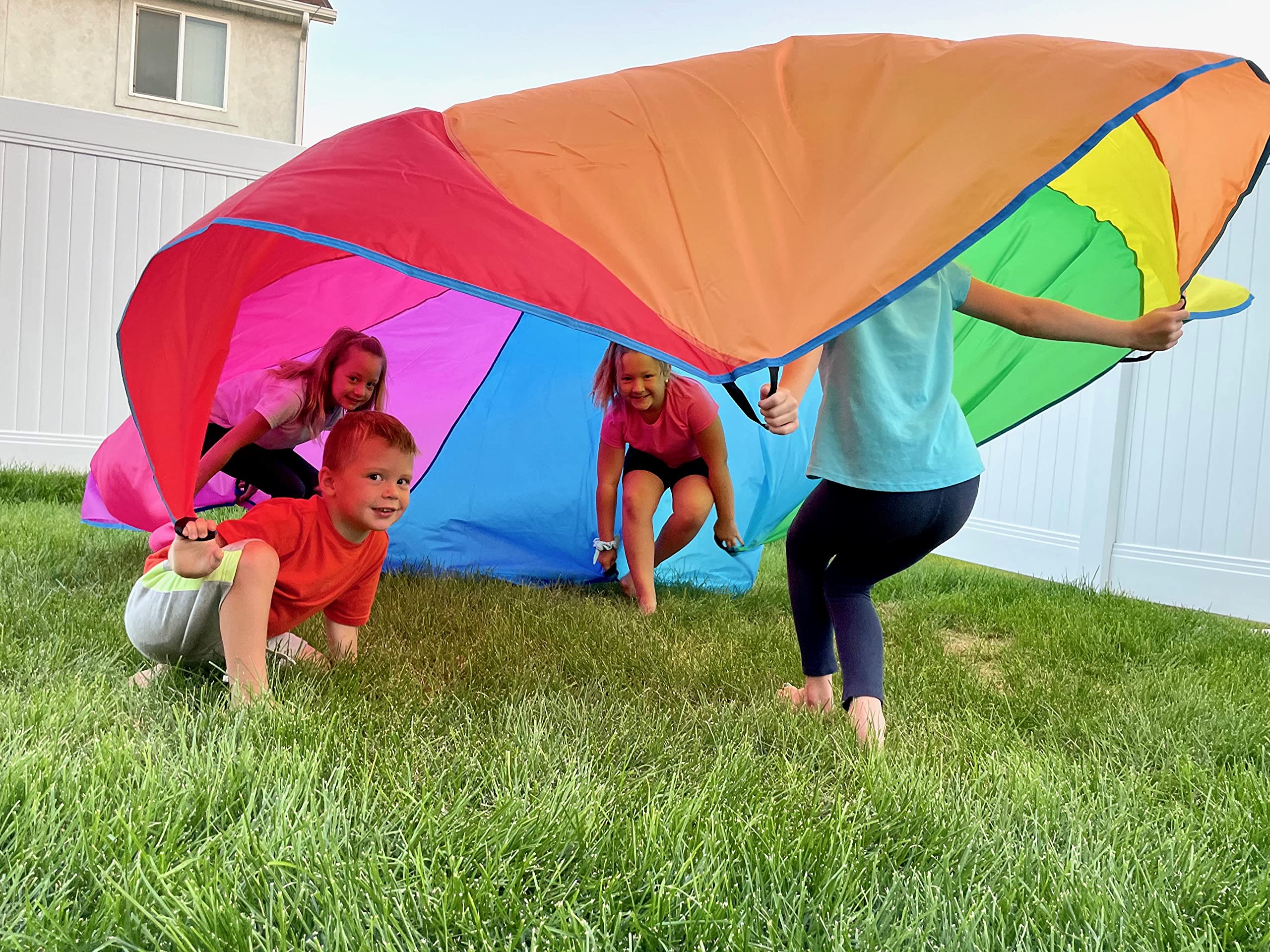 Little Dynamo Parachute Toys for Kids with 8 Handles 12ft - Gym Class Rainbow Color Parachute for Cooperative Group Play - Waterproof and Reinforced Stitching